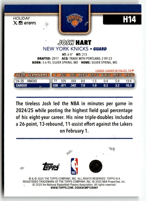 TOPPS NBA FLAGSHIP Holiday 2025 No. H14 Josh Hart Brillo Plateado EUR 1 ...