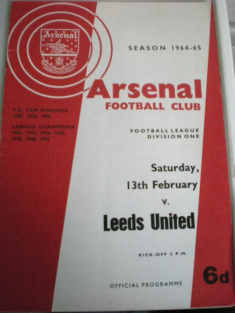 ARSENAL V LEEDS UNITED, 13th FEBRUARY 1965, NO WRITING/STAPLES. £2.22 ...