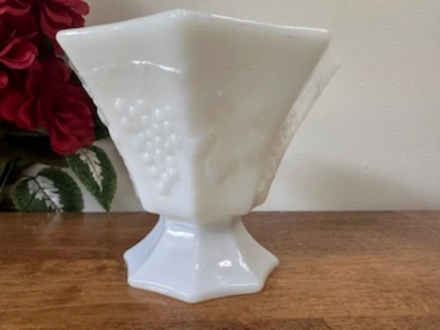 VINTAGE MILK GLASS Octagonal Pedestal Bowl Grape Vine Embossed Fruit ...