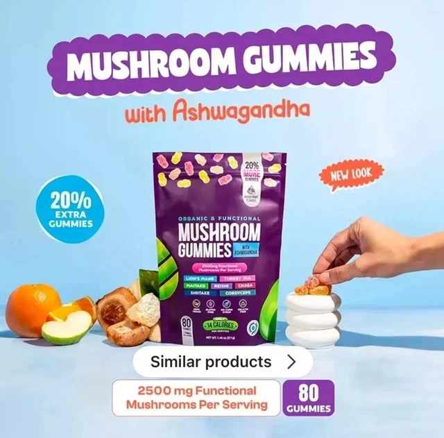 MUSHROOM GUMMIES 2500MG 80 with Lion's Mane Ashwaghanda Brain and ...