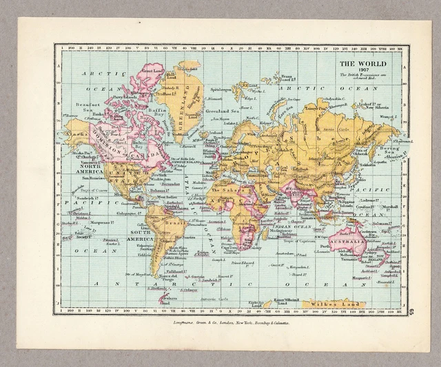 ANTIQUE MAP OF the World in 1907 British Possessions 1907 from Atlas 8. ...