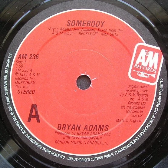 BRYAN ADAMS - Somebody (7", Single, Sol) EUR 18,90 - PicClick FR