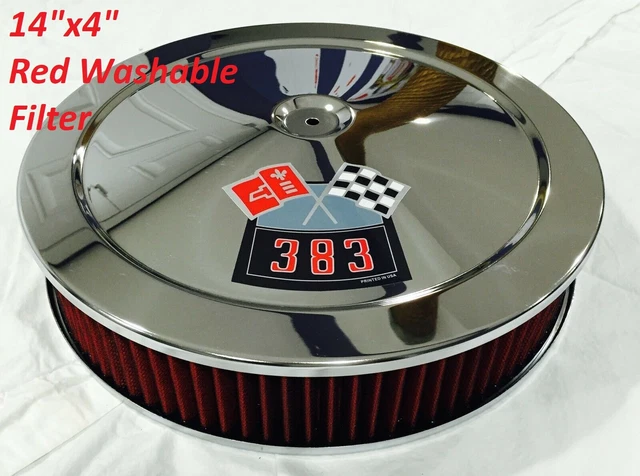 CHROME CHEVROLET AIR CLEANER 14x4 BBL WASHABLE RED 383 DECAL 4" TALL ...