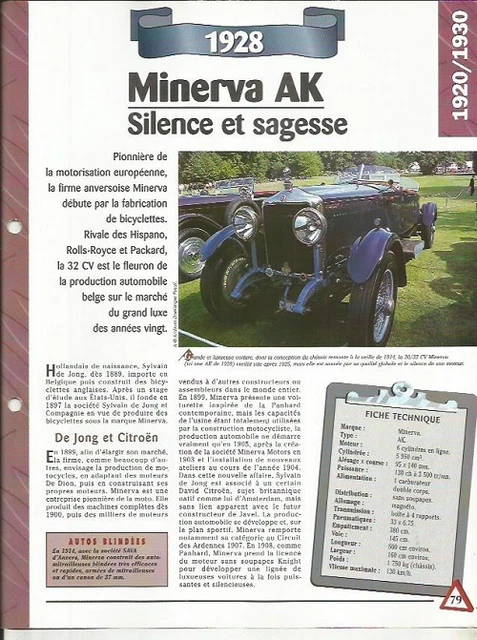 MINERVA AK 1928 Fiche Technique Auto Renseignement Collection Car EUR 6 ...