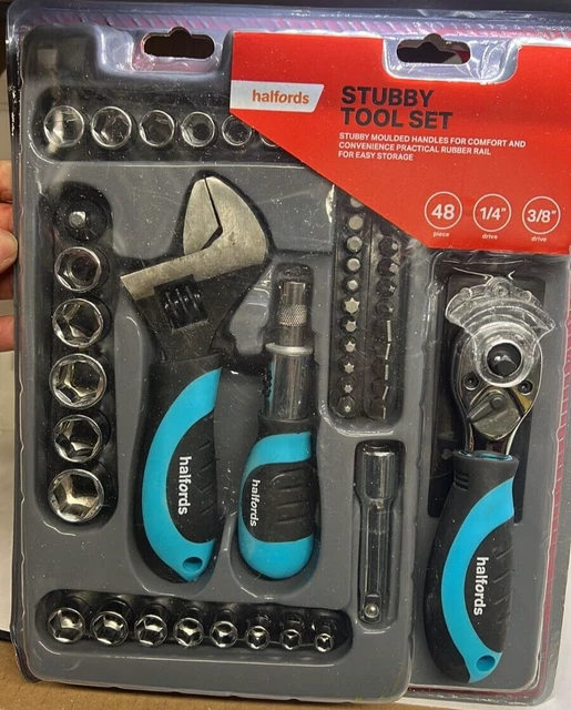HALFORDS 48 PIECE stubby tool set 1/4” Drive 3/8” Drive Sockets Ratchet ...