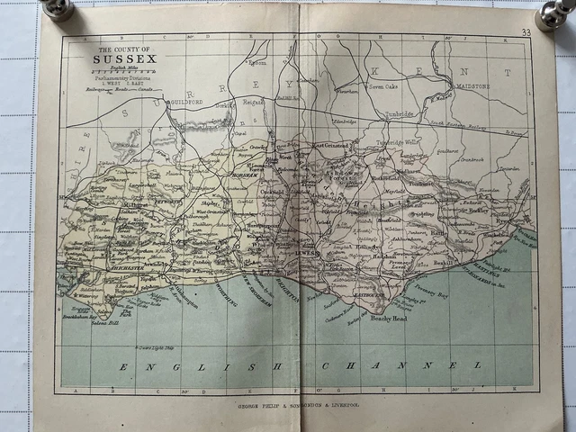 SUSSEX - 1885 Original Antique County Map England Philip brighton ...