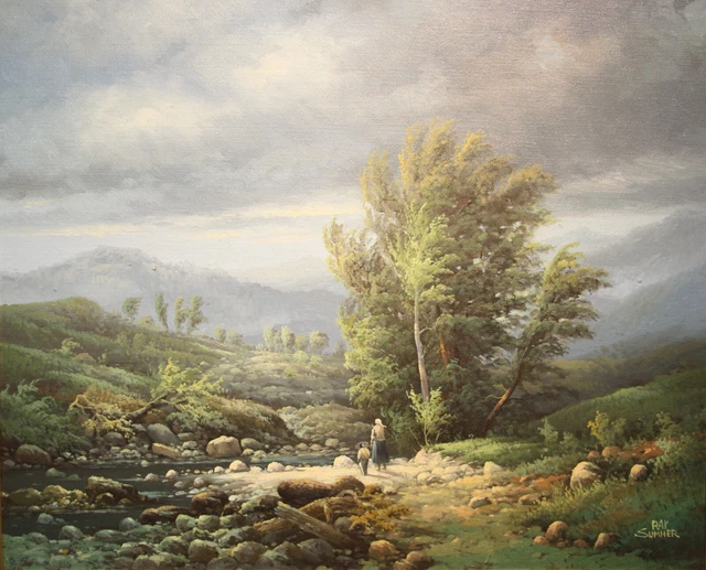 LARGE ORIGINAL OIL Painting Mountainous Landscape with River by RAY ...