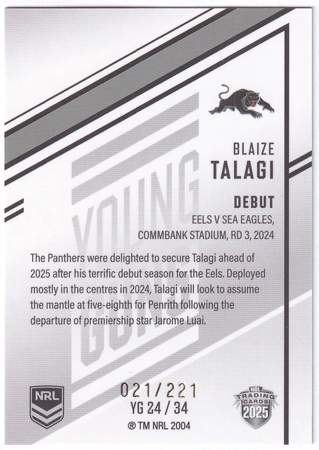 2025 NRL ELITE 'Young Guns White' Yg24/34 Blaize Talagi #021/221 ...