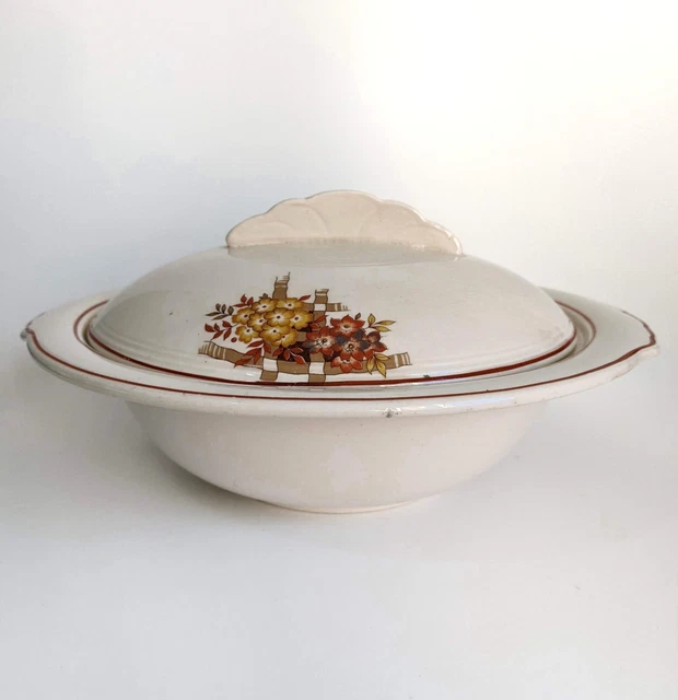 WADE HEATH ENGLAND Lidded Serving Bowl Scalloped Handles Floral Pattern ...