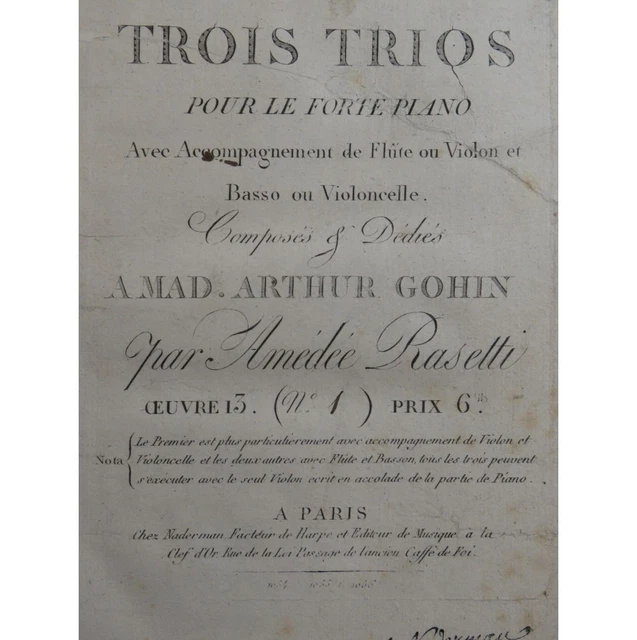 RASETTI AMÉDÉE TRIO Op 13 No 1 Piano Violin Cello ca1810 EUR 234,00 ...