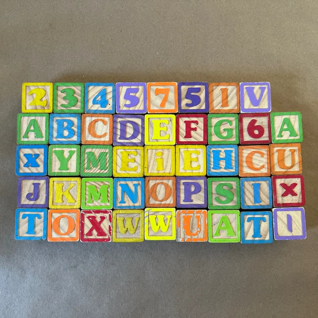 WOOD BLOCKS VINTAGE Alphabet Letters Numbers Wooden Learning Lot Of 44 ...