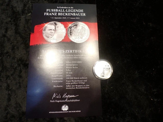 SILBERMÜNZE FRANZ BECKENBAUER Silber -Ehrenprägung incl. Zertifikat ...