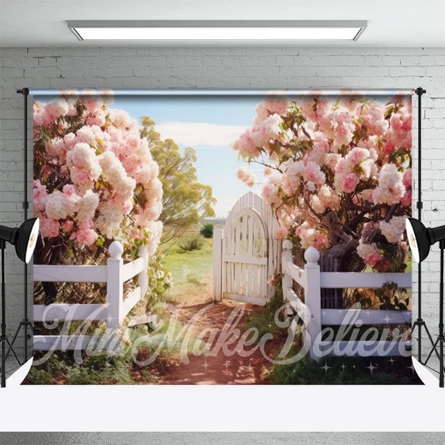 SPRING GREEN FIELD White Fence Pink Spring Backdrop $36.09 - PicClick AU