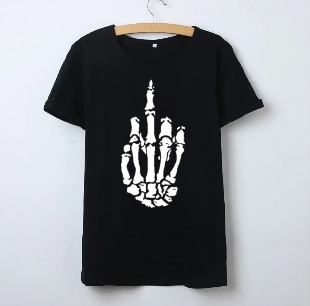 SKELETON HAND GESTURE Tee Gothic Punk Streetwear Rude Finger Hipster T ...