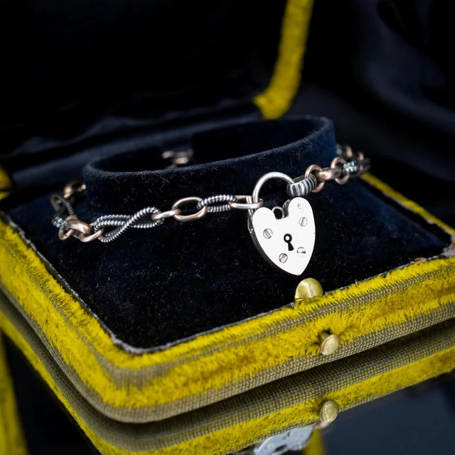 ANTIQUE NIELLO FANCY Link Heart Padlock Bracelet- 7.5" £265.00 ...