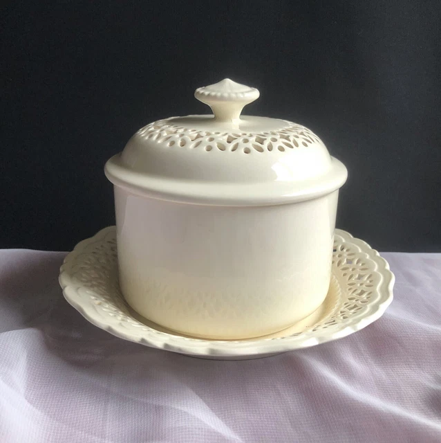 ANTIQUE LEEDS CREAMWARE Butter Tub Cover and Stand Reticulated Pattern ...