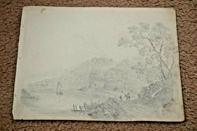ANTICA MATITA DISEGNO di scena rurale castello fiume alberi di John ...