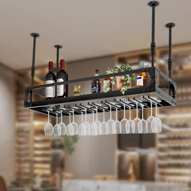 INDUSTRIAL VINTAGE BAR Floating Shelf Black Ceiling Mounted Wine Bottle ...
