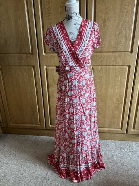 FABULEUSE ROBE MAXI enveloppée multi-fleurs rouge/blanc par Joe marron taille 14 neuve avec ...