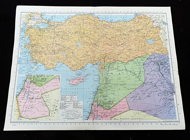 1945 WW2 MAP of Palestine Turkey Transjordan Cyprus Syria World War 2 ...