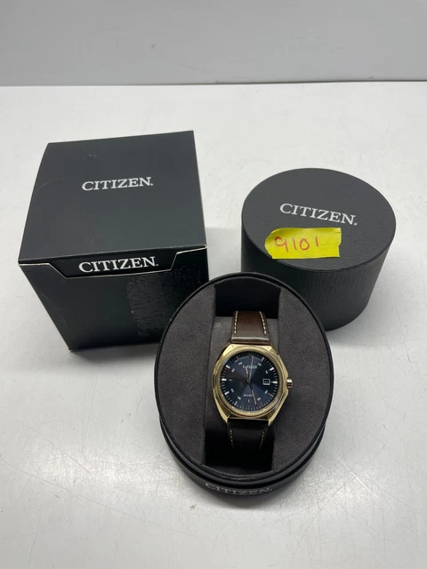 CITIZEN MENS WATCH Eco Drive Brown Leather Strap Gold Colour Blue Date ...