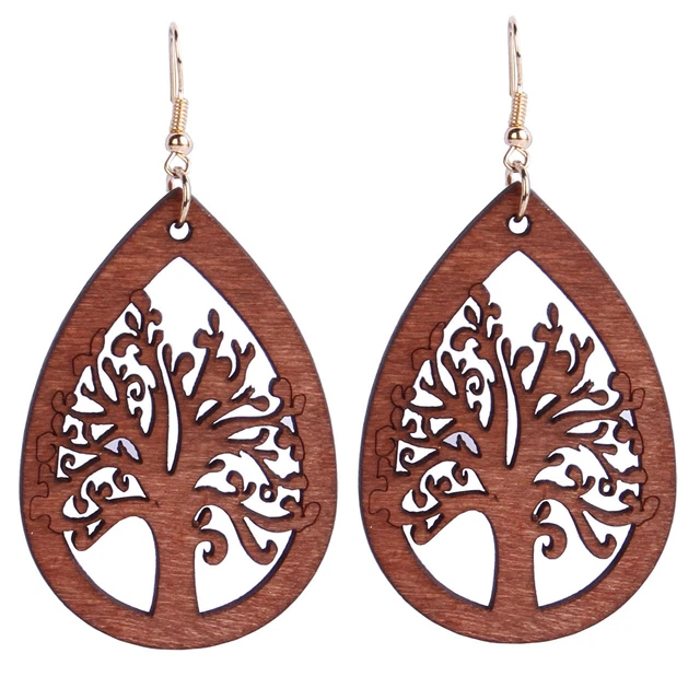 Arbre De Vie Goutte Boucles En Bois Effet Mode Femme Bijoux Crochet