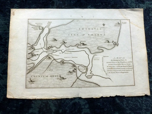 MAP OF THE RUTUPIAN Ports Roman coastline of Kent + Thanet Hasted 1778 ...