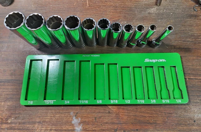 VINTAGE SNAP-ON 12 Point 3/8 Drive Deep Socket Set 11 Piece Green ...