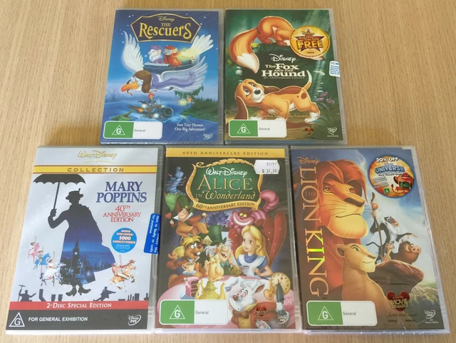 5 X DISNEY DVDs - RESCUERS, FOX AND HOUND, MARY POPPINS, ALICE, LION ...
