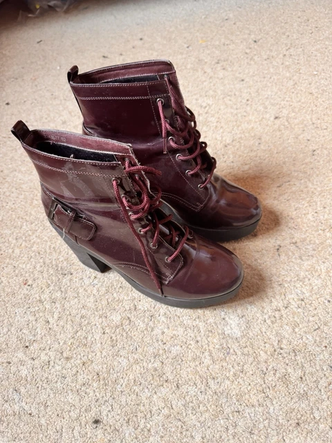 NEW LOOK BURGUNDY Lace Up Boots Block 6"heel Size 7 Ankle Style £1.76 ...