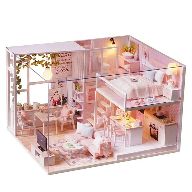 DIY MINIATURE DOLLHOUSE Kit LED Wooden House Model Hand-assembled Toy ...