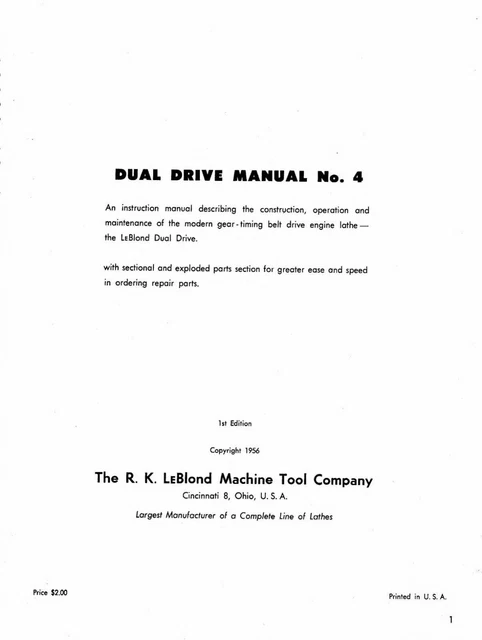 DUAL DRIVE LATHE Operating Instructions Manual Leblond Machine 15 inch ...