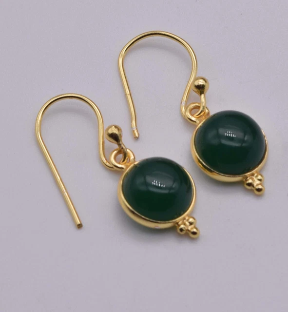 925 Solid Sterling Silver 24ct Gold Overlay Green Onyx Hook Earring 1