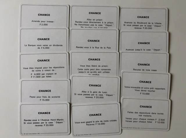 PIÈCES POUR LE jeu Monopoly lot 15 cartes Chance 16 cartes Caisse de ...