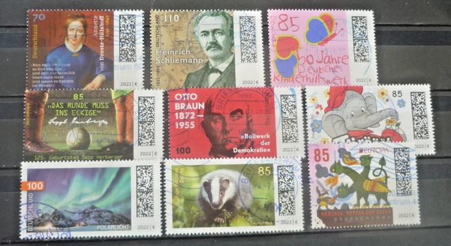 FRG 2022: 9 x various wet adhesive postage stamps stamped # 40 £0.86 ...