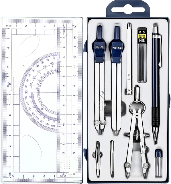 13 PCS GEOMETRY Set Compass Geometry Tools Math Compass and Protractors ...