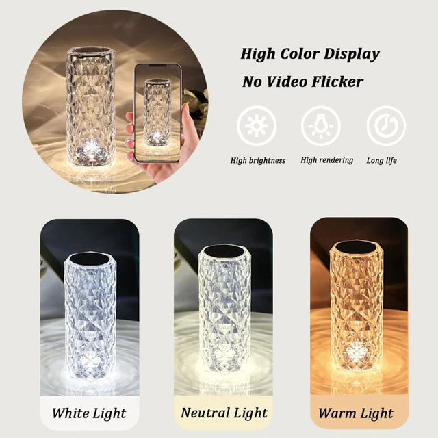 CRYSTAL ROSE LAMP Bedside Lamps RGB Desk Rechargeable Table LED Touch ...