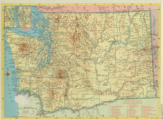 HISTORIC 1952 WASHINGTON RAILROAD MAP SHOWS & LIST ALL WA RR's + WA RR ...