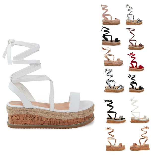Womens Ladies Flat Wedge Espadrille Lace Tie Up Sandals Platform Summer