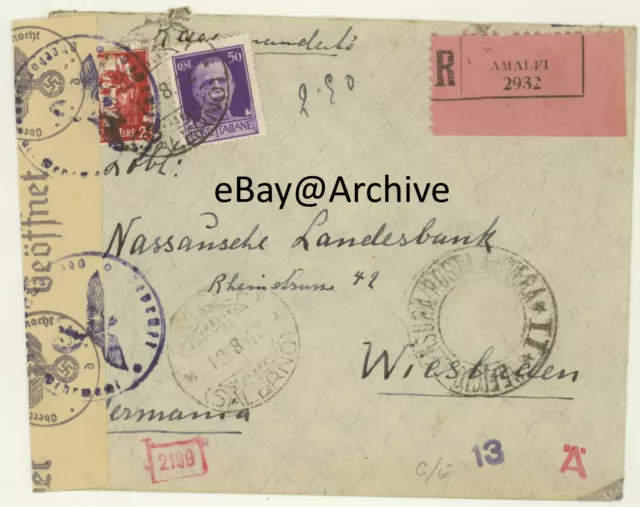 RACCOMANDATA CENSURA POSTA Aerea Wehrmacht da Amalfi 1942 per Wiesbaden ... RACCOMANDATA CENSURA POSTA Aerea Wehrmacht da Amalfi 1942 per Wiesbaden ...