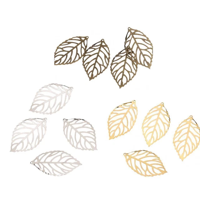 100 PIÈCES FEUILLES Creuses Feuilles Filigrane Wrap Charme Pendentif ...