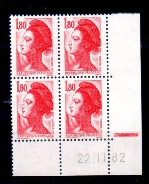 T - 2220 - Liberté de Gandon 1,80 fr - Bloc de 4 coin daté du 22-11-82 ...