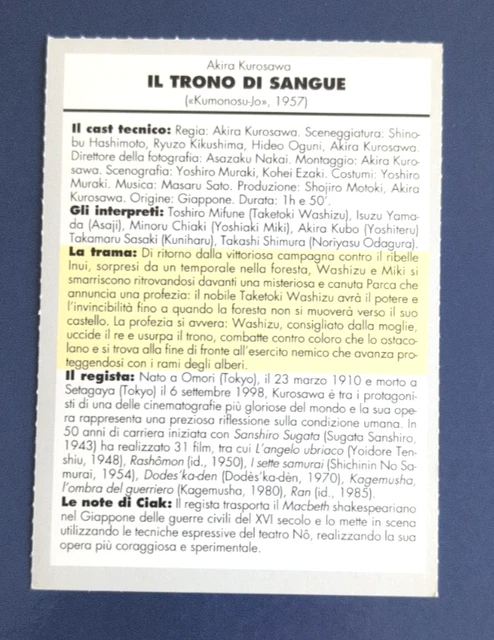 CARTOLINA CINEMATOGRAFICA IL Trono Di Sangue 1957 Toshiro Mifune Ciak ...