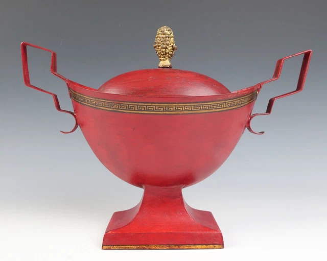 ANTIQUE PAINTED RED Tole Ware Urn Vessel Toleware French English Gilt ...