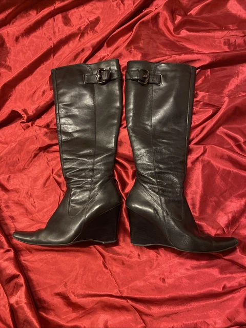 NEXT BLACK REAL Leather Knee High Wedge Boots Uk8 £13.20 - PicClick UK
