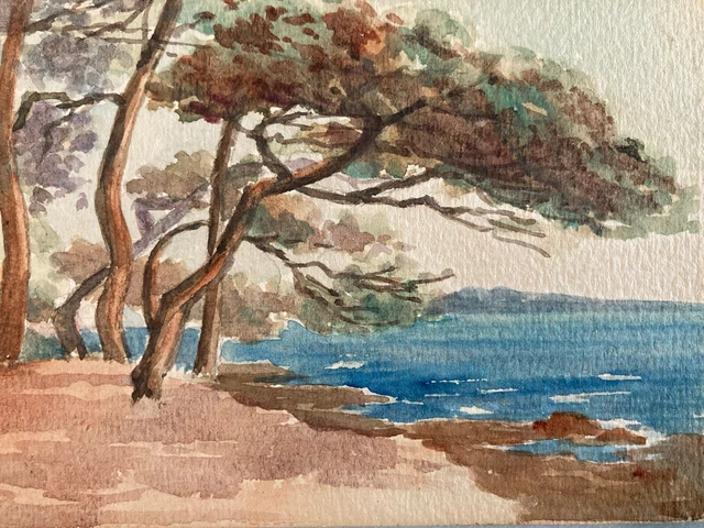 TRÈS BELLE PEINTURE aquarelle panneau Carton Signé pin parasol Marine ...