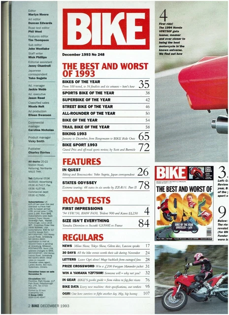 BIKE MAGAZINE DECEMBER 1993 - YAMAHA DIVERSION v SUZUKI GS500E £1.95 ...