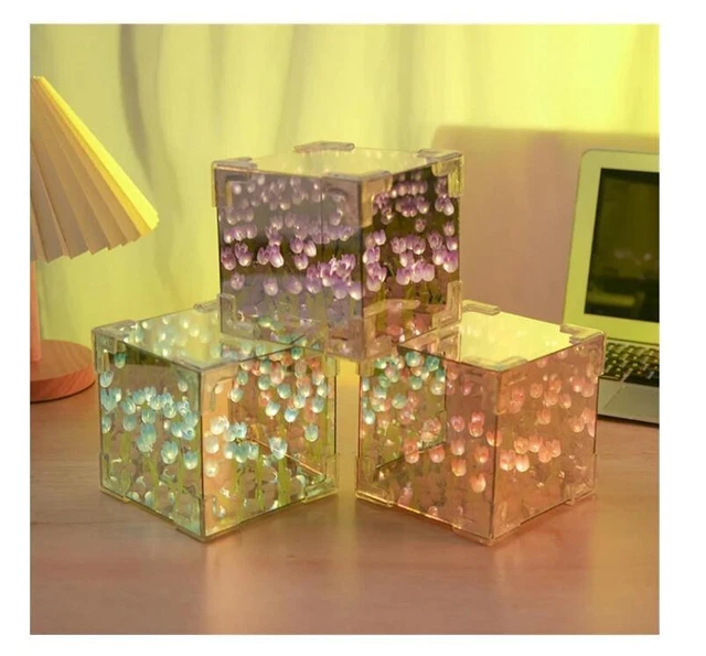 DIY TULIP MIRROR LED Night Light,Handmade DIY Magic Cube Mirror Night ...