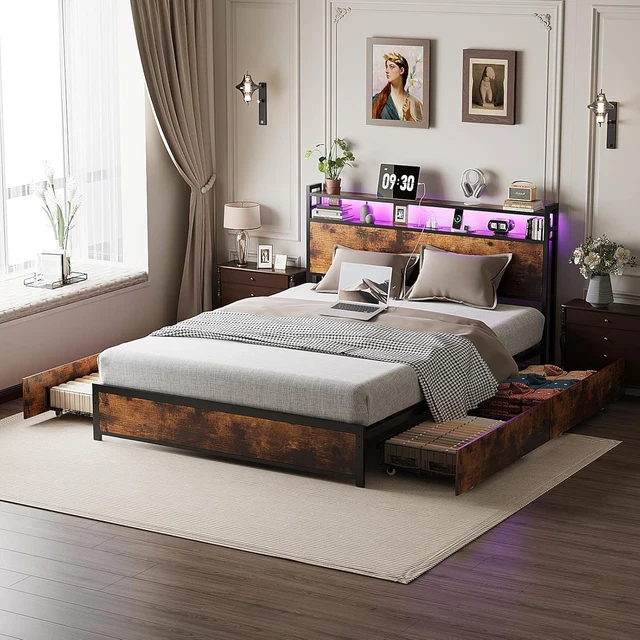 3FT SINGLE STORAGE Bed Frame with Usb Port & Led Light & 4 Storage ...