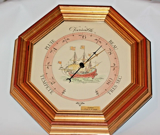 GRAND BAROMÈTRE OCTOGONAL vintage décor Marin cadre bois doré EUR 25,00 ...